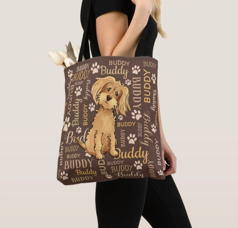 Brown Fluffy Dog Graphic Design to Add Name Tote Bags and Products